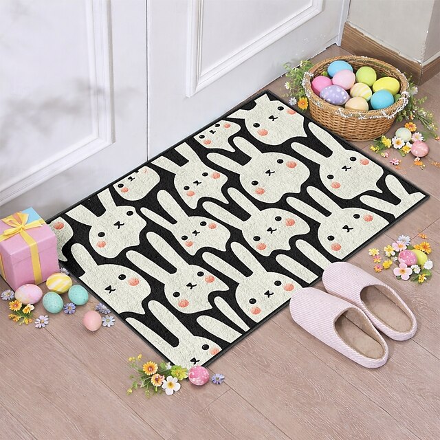 Easter Doormat Playful Black and White Bunny Face with Cute Rosy Cheeks ...