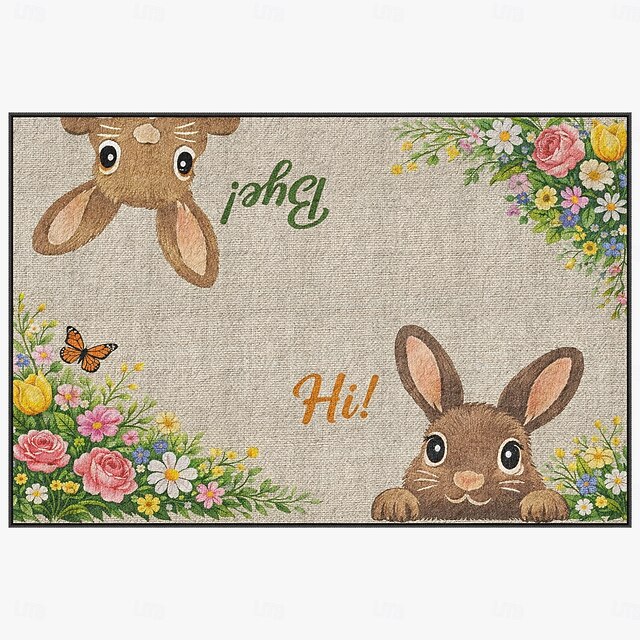 Easter Doormat Bunny Duo with Hi and Bye Greetings Surrounded by Spring ...