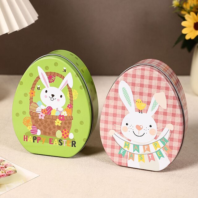 Easter Cartoon Rabbit Tin Box, Tin Can, Easter Egg Flat Egg Shaped ...