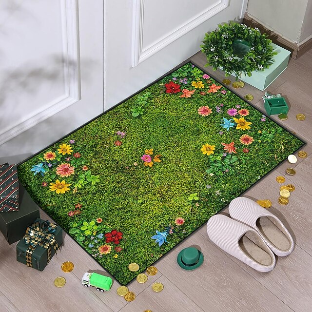 St Patrick's Day Doormat Green Grass Design with Vibrant Flowers ...