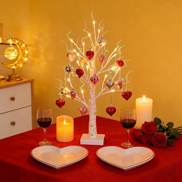 Valentine's Day Decor Lighted Birch Tree with Heart Ornaments, Romantic ...