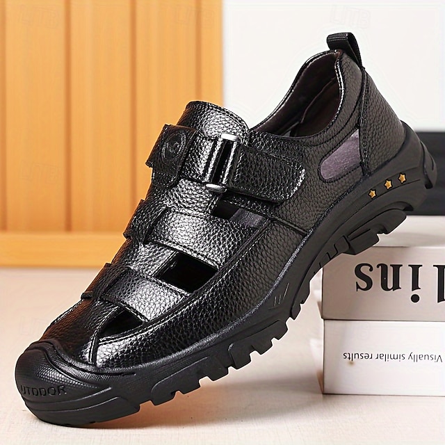 Men's Black Faux Leather Casual Shoes, Adjustable Strap Closure ...