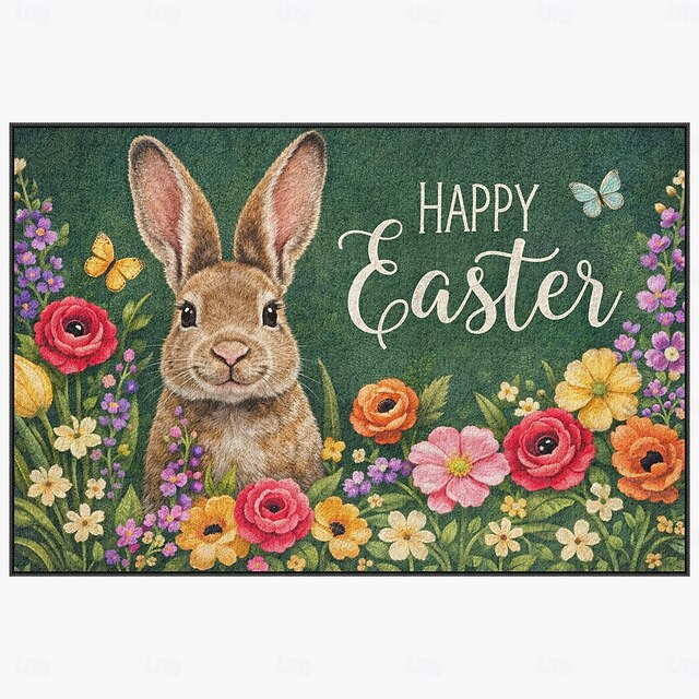 Easter Doormat Featuring Cute Bunny Surrounded by Vibrant Flowers and ...
