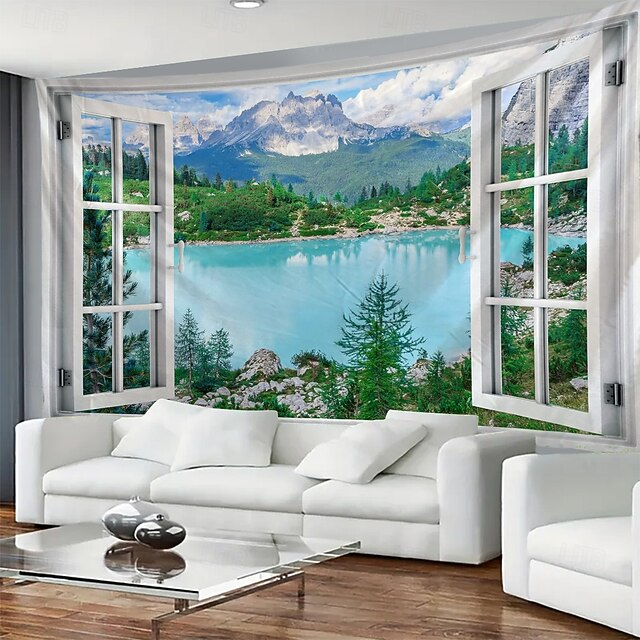 Nature Landscape Tapestry Fake Window View Mountain Lake Wall Hanging ...