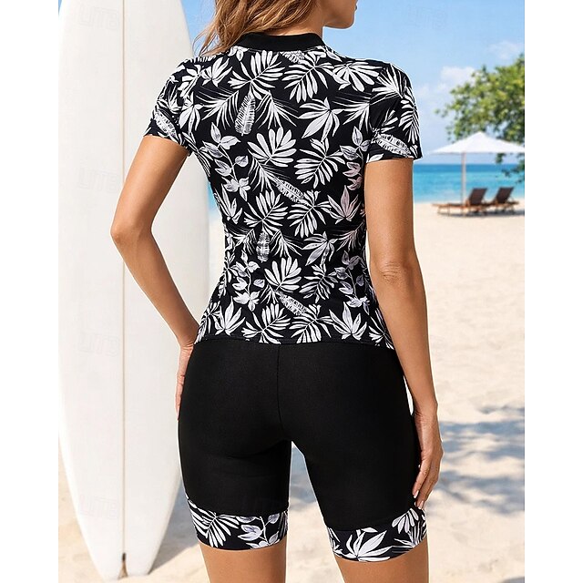 Women's Rash Guard Bathing Suit 2 Pieces Printed Mid-Thigh Leg UV ...