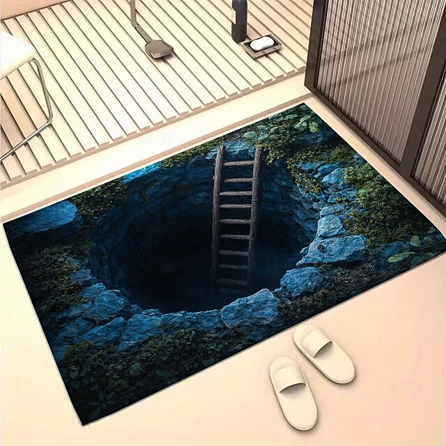 3D Optical Illusion Doormat Deep Well with Wooden Ladder Design 2D Flat ...