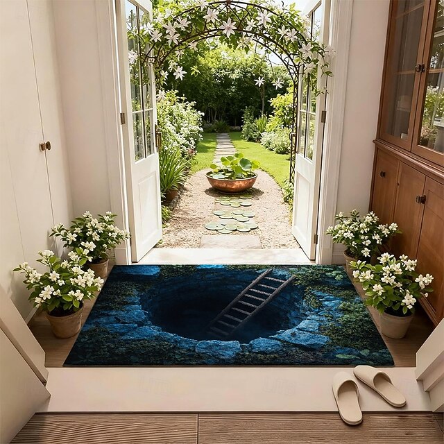3D Optical Illusion Doormat Deep Well with Wooden Ladder Design 2D Flat ...