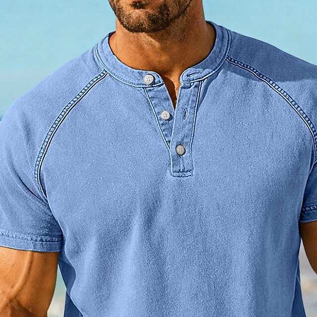 Men T Shirt Henley Shirt 100% Cotton Acid Wash Shirt Tee Top Short ...