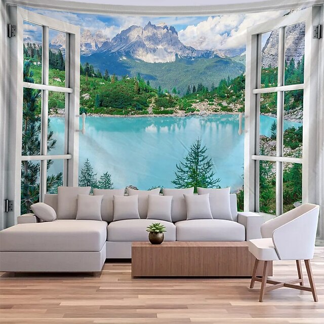 Nature Landscape Tapestry Fake Window View Mountain Lake Wall Hanging ...