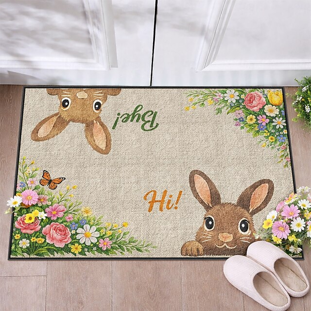 Easter Doormat Bunny Duo with Hi and Bye Greetings Surrounded by Spring ...