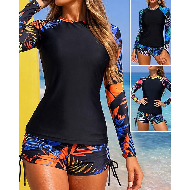 Women's Rash Guard Bathing Suit 2 Pieces Tropical Boyleg UV Protection ...
