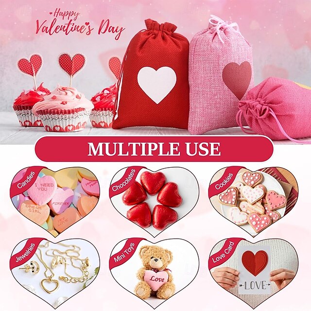 12pcs Valentine's Day Fabric Drawstring Gift Bags, Love-Shaped, Mixed ...