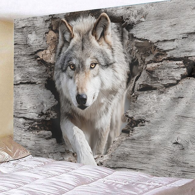 3D Wolf Tapestry Wall Hanging Realistic Timber Wolf Emerging From Wood ...