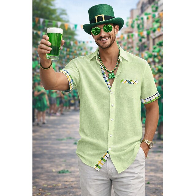 Men's Shirt Linen Shirt St. Patrick Day Summer Shirt Beach Wear Button ...