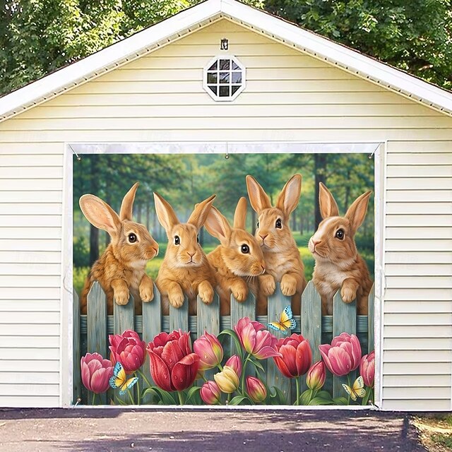 Easter Bunny Garage Cover, Adorable Bunnies Peeking Over Picket Fence ...