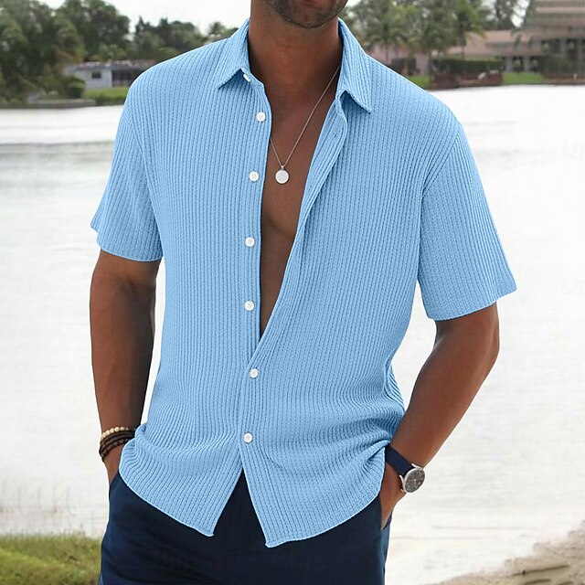 Men's Shirt Ribbed Knitted Summer Shirt Casual Shirt Button Up Shirt ...