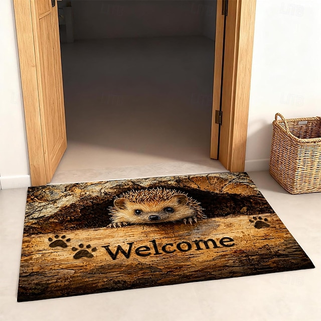 Hedgehog Welcome Doormat Cute Animal Design with Paw Prints Durable and ...