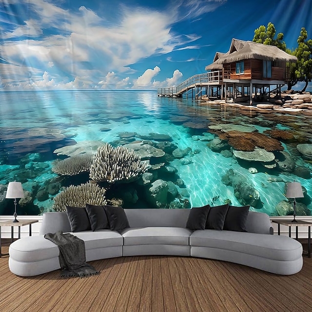 Tropical Beach Tapestry Overwater Bungalow Coral Reef Ocean Nature Wall ...