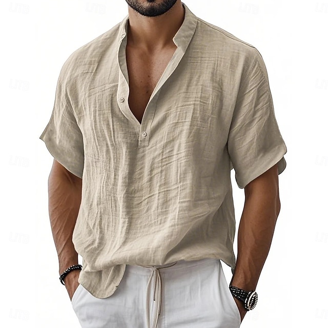 Men's Shirt Linen Shirt Popover Shirt Summer Shirt Beach Wear Solid ...