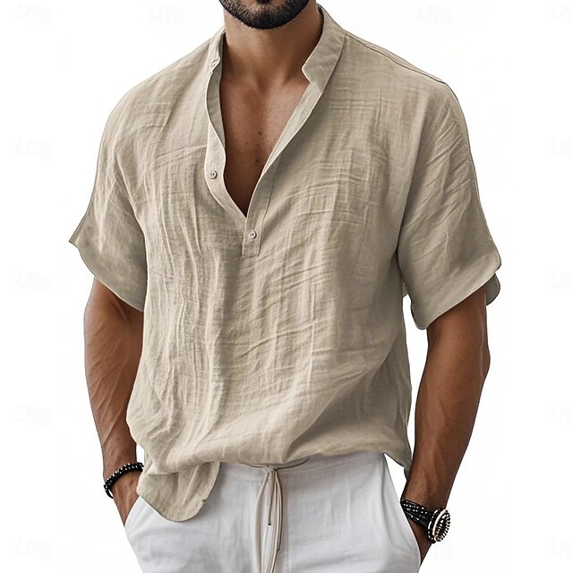 Men's Shirt Linen Shirt Popover Shirt Summer Shirt Beach Wear Solid ...