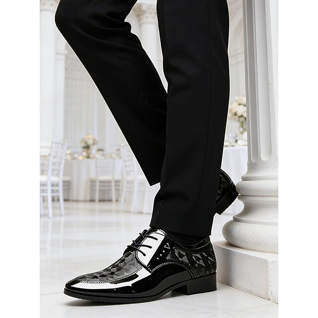 Men's Black Patent Faux Leather Dress Shoes, Glossy Upper with Lace-Up ...
