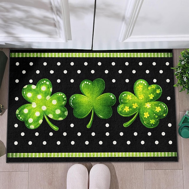 St Patrick's Day Doormat Triple Shamrock Design on Black with White ...