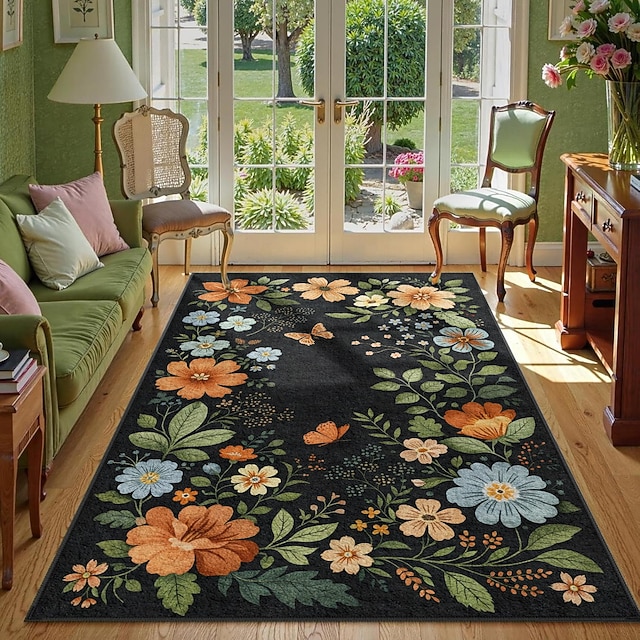 Floral Area Rug Black Background with Vibrant Colorful Blossoms and ...