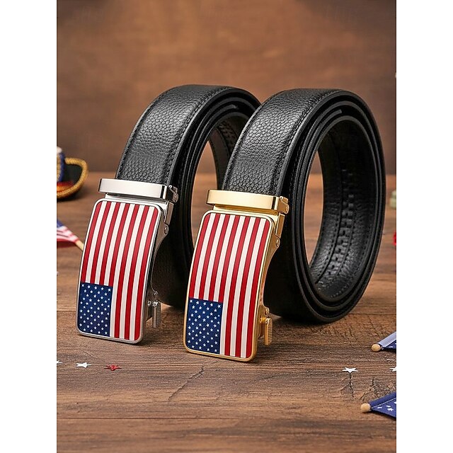 Men's Genuine Leather Automatic Buckle Belt, American Flag Metal Buckle ...