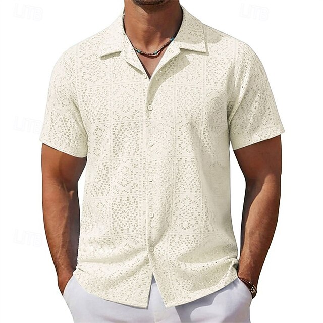 Men's Shirt Texture Casual Shirt Button Up Shirt Black White Light Blue ...