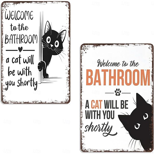 2 Pack Vintage Black & White Cat Wall Art - "Welcome To The Bathroom ...