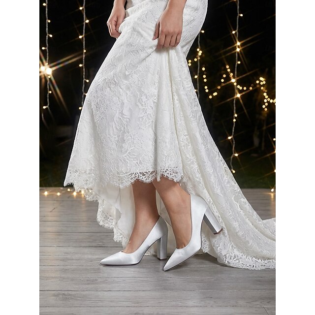 Women's Ivory Satin Block Heel Pumps, Elegant Minimalist Bridal Shoes ...