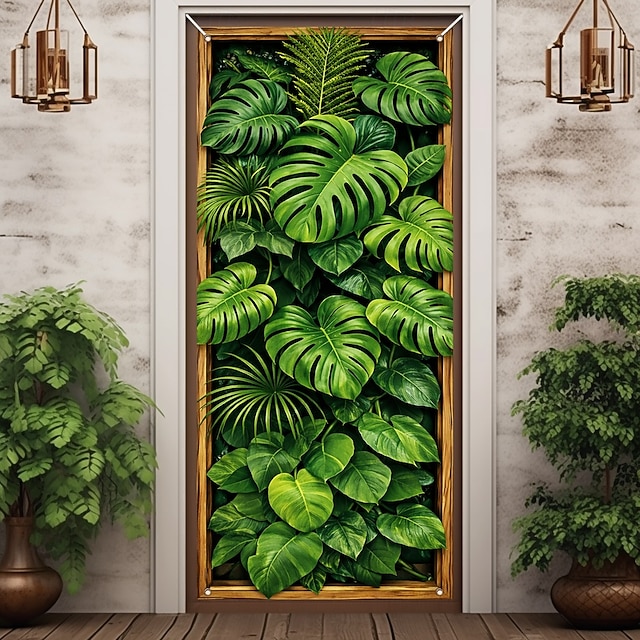 Tropical Leaf Pattern Door Cover 3D Optical Illusion 2D Flat Print ...