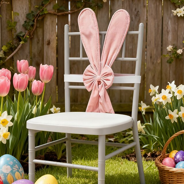 Easter Rabbit Ears Chair Cover Decoration, Cute Pink Easter Bunny Bow ...