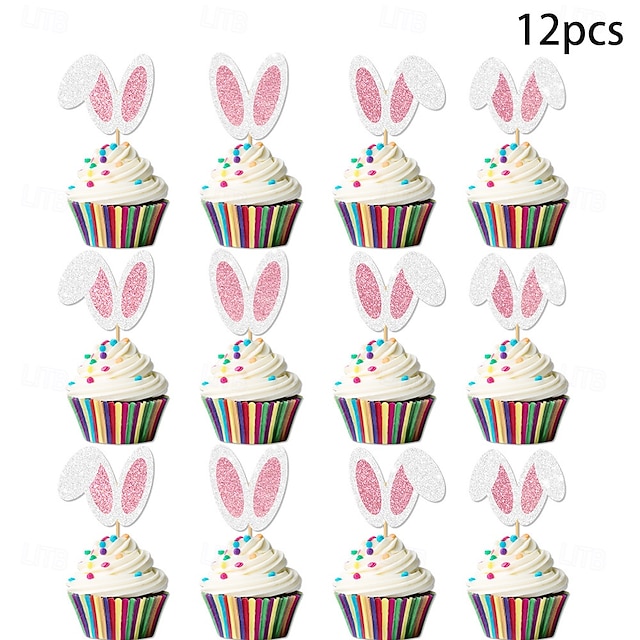 Easter Bunny Cupcake Toppers, 36 Pack (3 Sets of 12), Glitter Bunny Ear Cake Picks for Easter ...