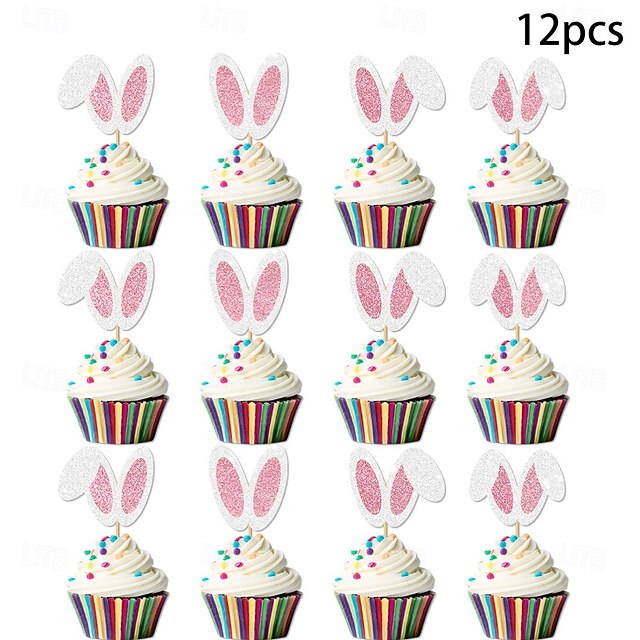 Easter Bunny Cupcake Toppers, 36 Pack (3 Sets of 12), Glitter Bunny Ear ...