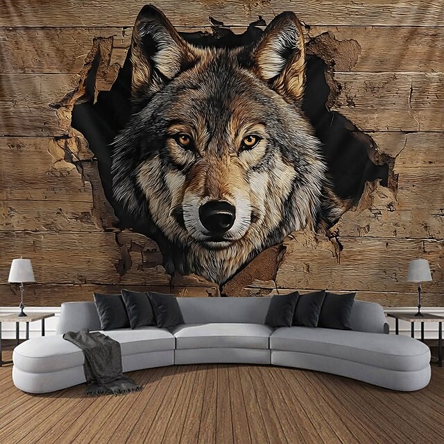 3D Wolf Tapestry Wall Hanging Realistic Timber Wolf Emerging From Wood ...