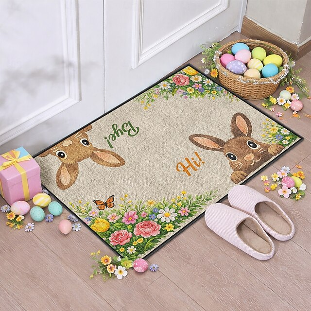 Easter Doormat Bunny Duo with Hi and Bye Greetings Surrounded by Spring ...