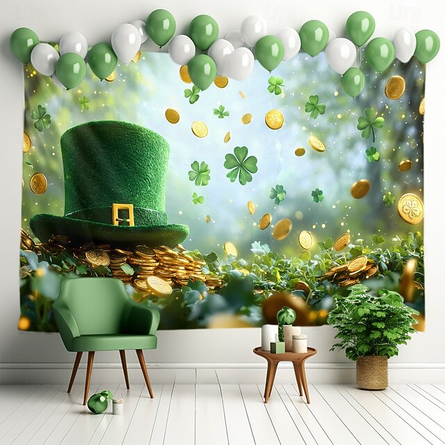 St. Patrick's Day Tapestry Banners Blanket Green Hat Shamrock Cute ...