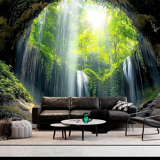 Aesthetic Zen Jungle Cave Tapestry 3D Waterfall Forest Sunlight Wall Decor Serene Nature ...