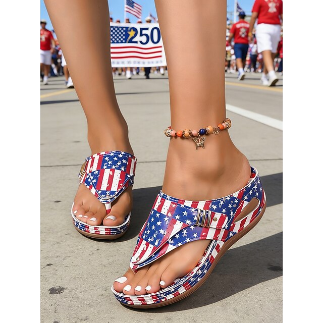 Women's Red Blue Patriotic USA Flag Wedge Sandals – Comfortable ...
