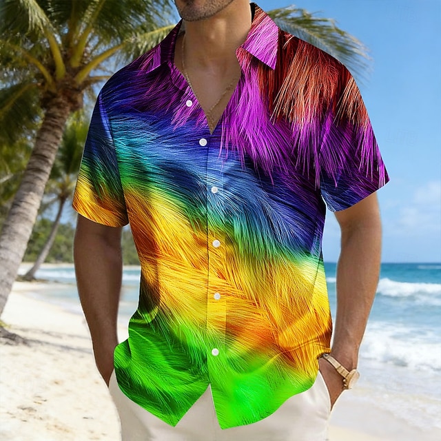 Men's Colorful Rainbow Feathers Shirt Satin Shirt Dress Shirt Short ...