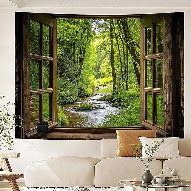 3D Window View Tapestry Forest River Landscape Green Trees Nature Wall ...