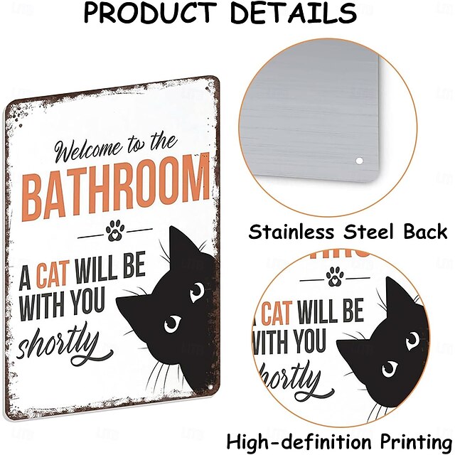 2 Pack Vintage Black & White Cat Wall Art - "Welcome To The Bathroom ...