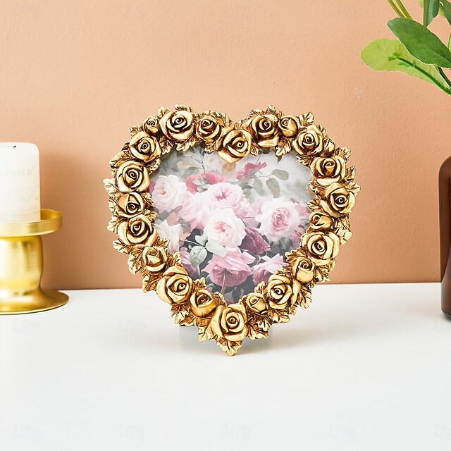 Gold Floral Rose Heart Photo Frame, Resin Heart-Shaped Picture Frame ...
