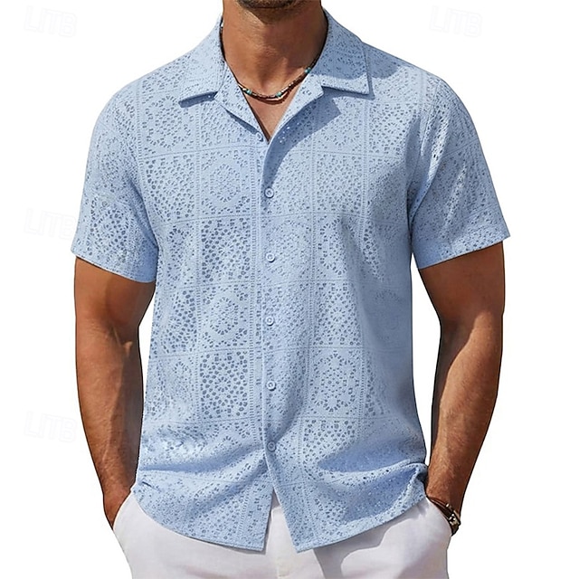 Men's Shirt Texture Casual Shirt Button Up Shirt Black White Light Blue ...