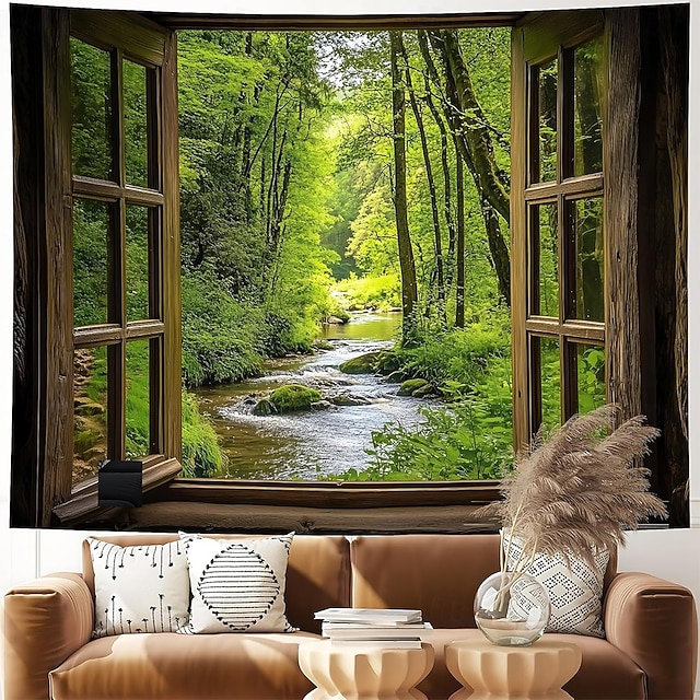 3D Window View Tapestry Forest River Landscape Green Trees Nature Wall ...