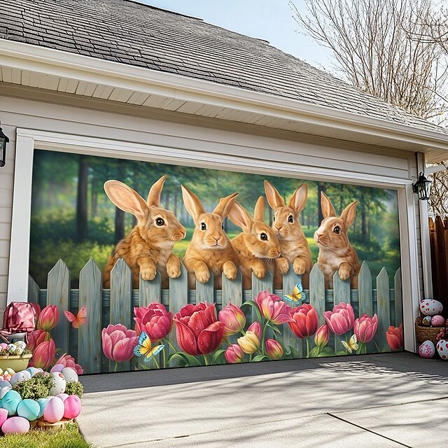 Easter Bunny Garage Cover, Adorable Bunnies Peeking Over Picket Fence ...