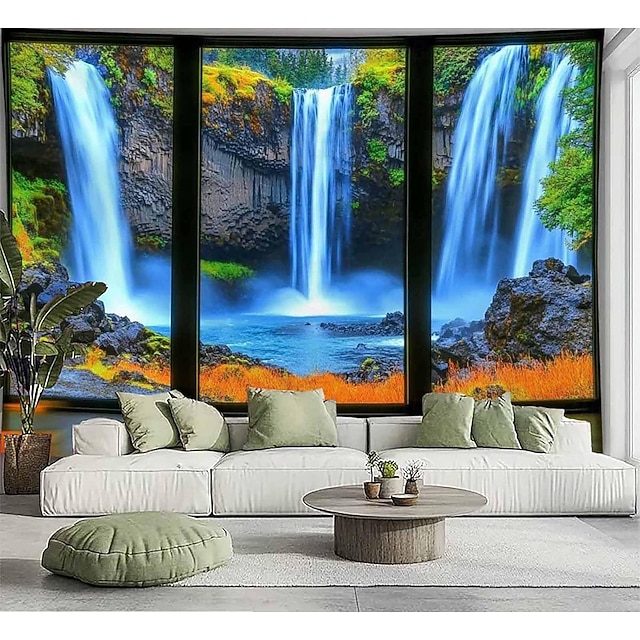 3D Window View Lake Tapestry Nature Forest Landscape Wall Hanging Fake ...