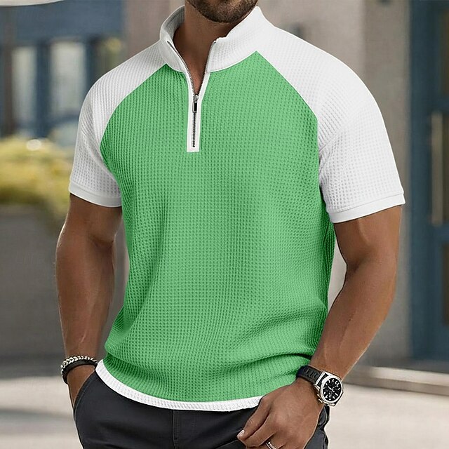 Men's Waffle Polo Shirts Casual Holiday Standing Collar Short Sleeve ...