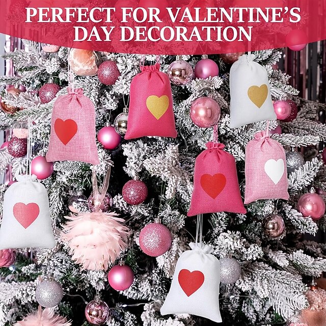 12pcs Valentine's Day Fabric Drawstring Gift Bags, Love-Shaped, Mixed ...